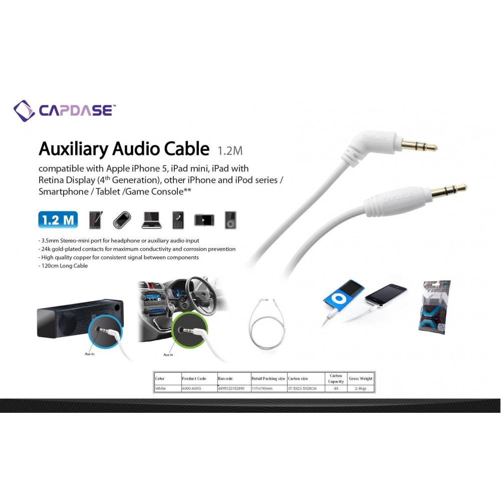 Capdase Auxiliary Audio Cable 3.5mm stereo-mini port (1.2M)